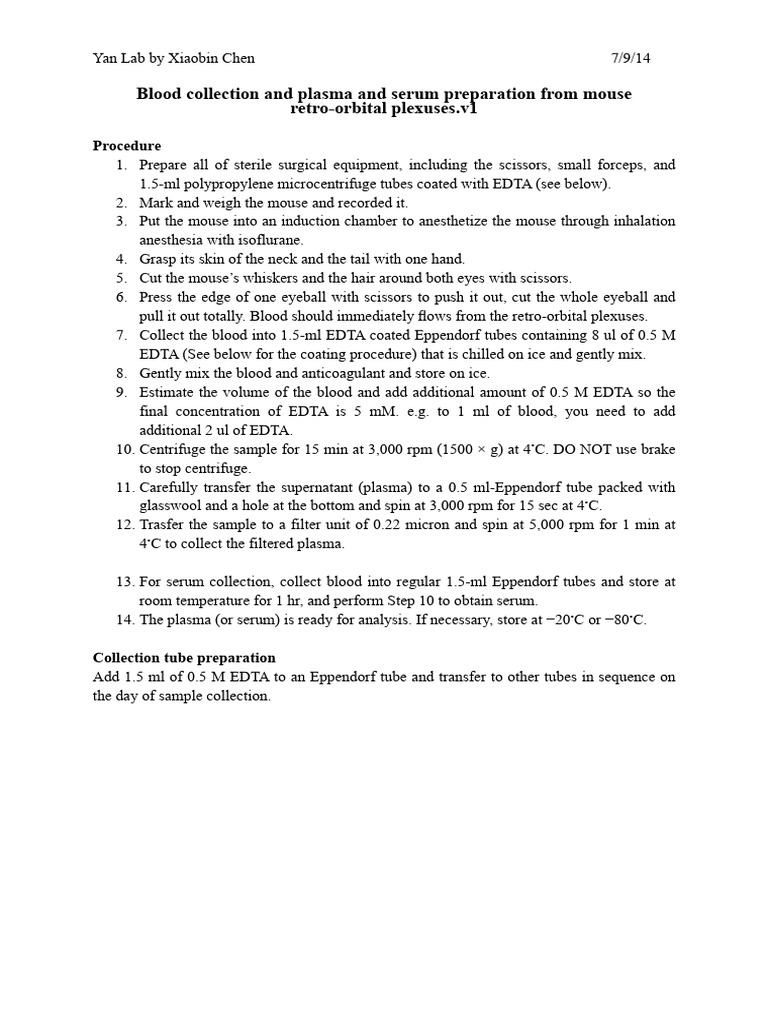 Protocol of Preparation Mice Plasma | PDF