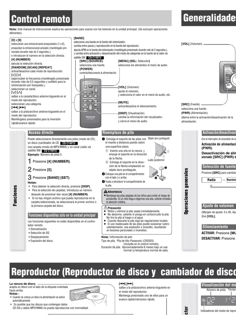 Manual de Usuario Panasonic CQ-C1301U (Español - 2 Páginas) | PDF ...