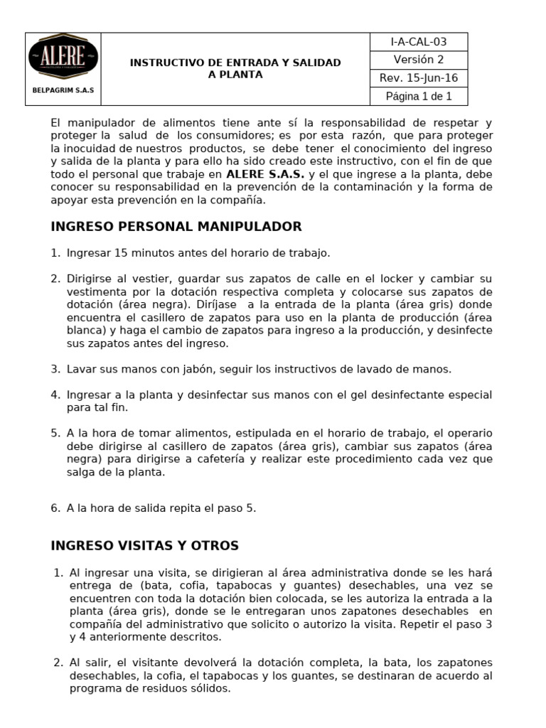 I-A-Cal-03 Instructivo Entrada y Salida de La Planta | PDF