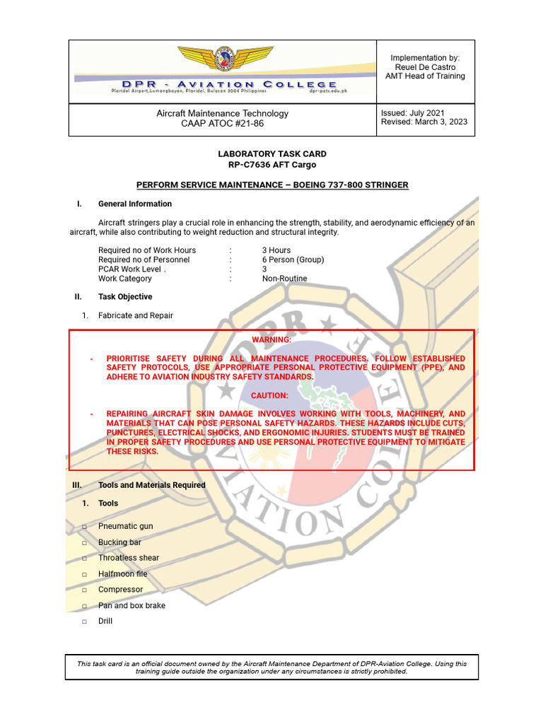 Task Card Boeing 737 800 Stringers AFT Cargo | PDF | Rivet | Drilling