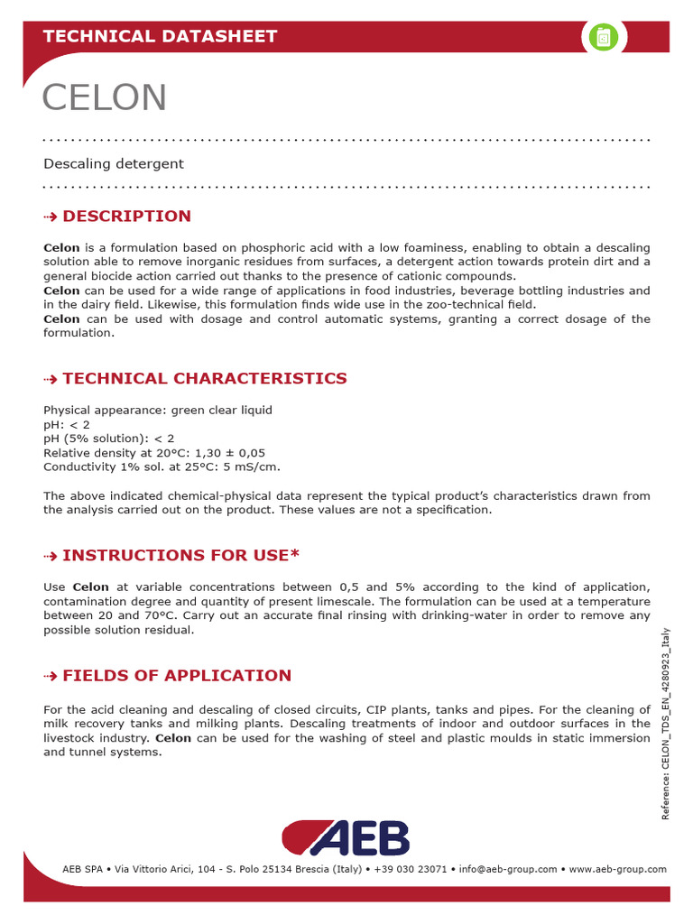 Celon Descaling Detergent Datasheet | PDF | Chemical Substances | Chemistry