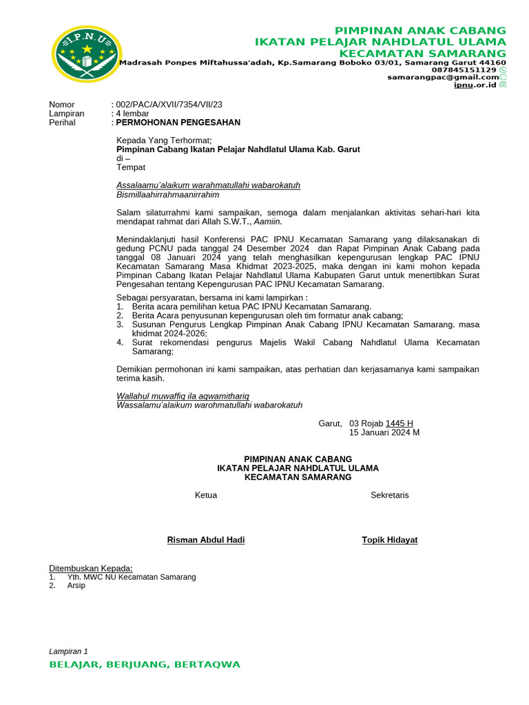 Pengajuan Surat Pengesahan PAC IPNU Samarang | PDF