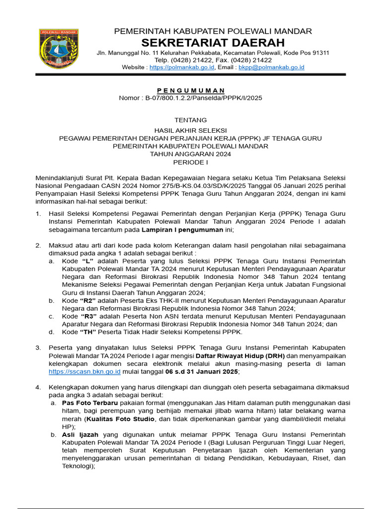 Pengumuman Hasil Akhir Seleksi Kompetensi PPPK Guru 2024 | PDF