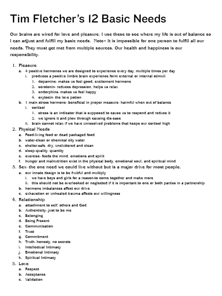 Tim Fletcher's 12 Basic Needs Explained | PDF | Emotions | Stress (Biology)