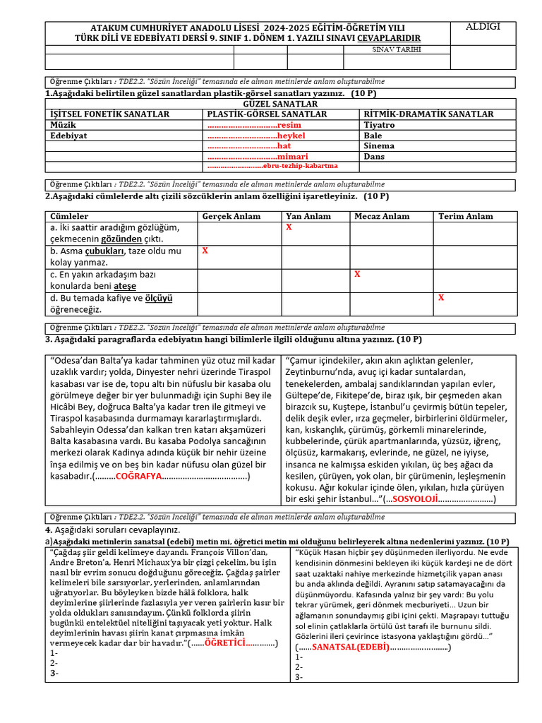 9 Sinif 2024 2025 Tde 1 Yazili Cevaplari Hayati̇ İptaş | PDF