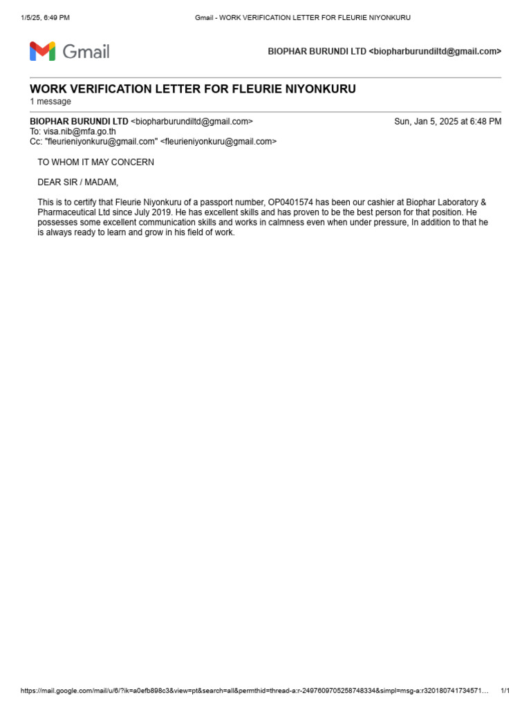 Work Verification for Fleurie Niyonkuru | PDF