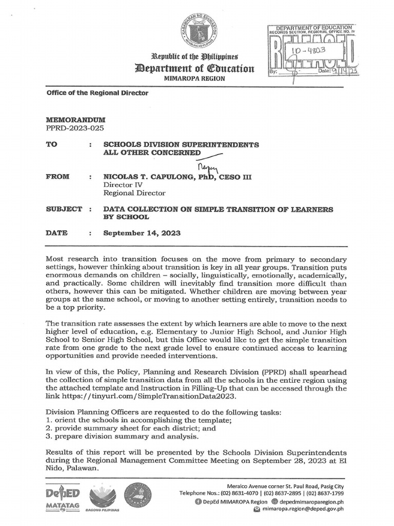 Memorandum On Transition of Learners | PDF