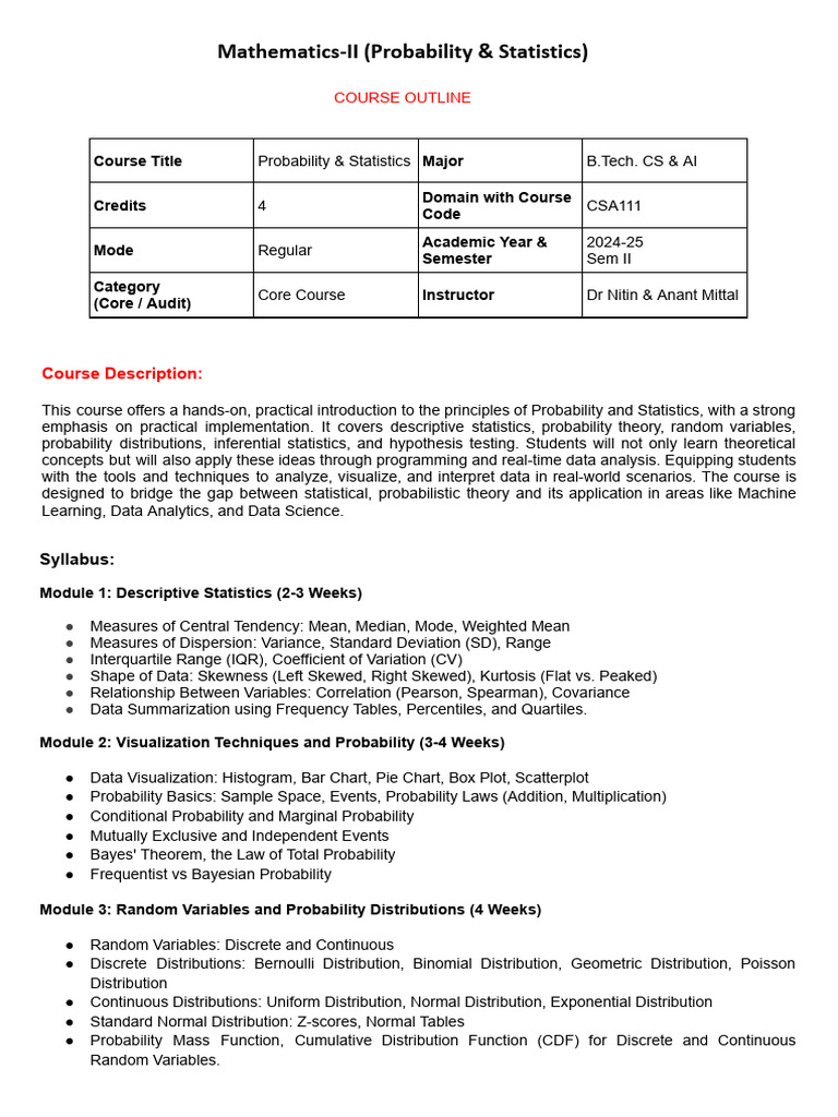 Mathematics-II (Probability & Statistics) - Course Oultine | PDF ... Mathematics-II (Probability & Statistics) - Course Oultine | PDF ...