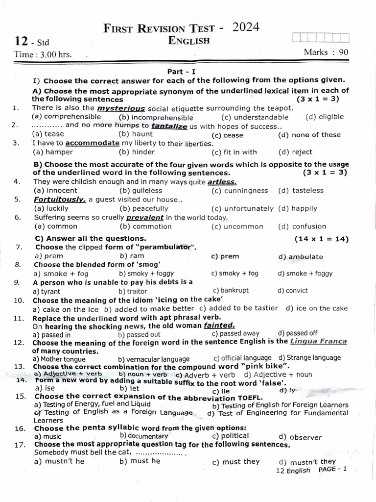 12th English First Revision Test 2024 Question Paper With Answer Keys ...