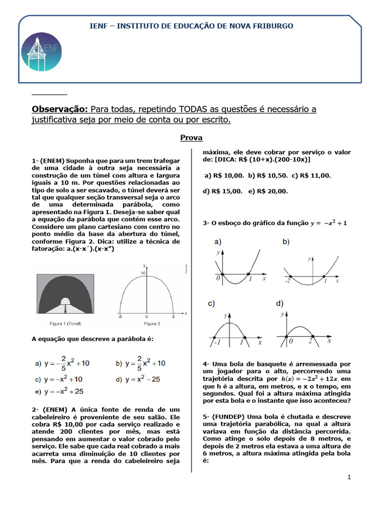 Prova - Matemática - 3º Bim - Turmas 1001 e 1003 - Prof Francis | PDF | Metro