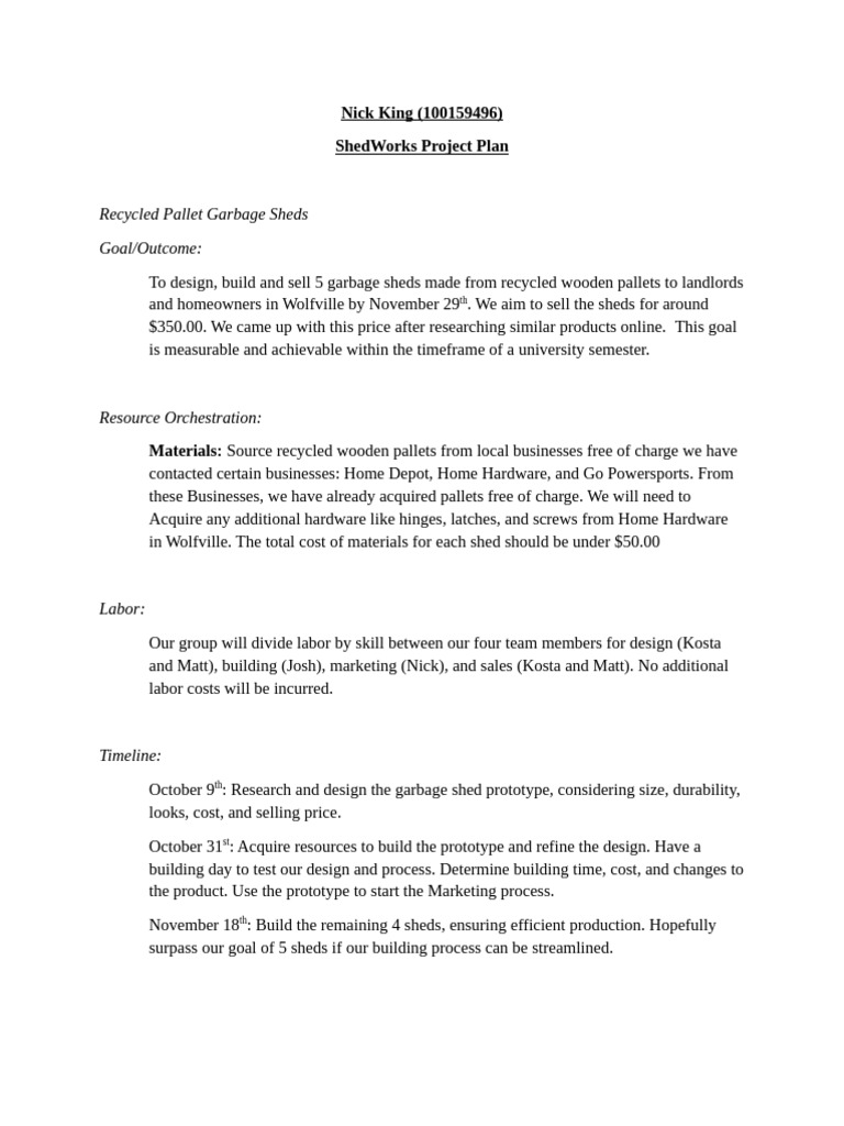 Shedworks Project Plan DRAFT | PDF | Pallet | The Home Depot
