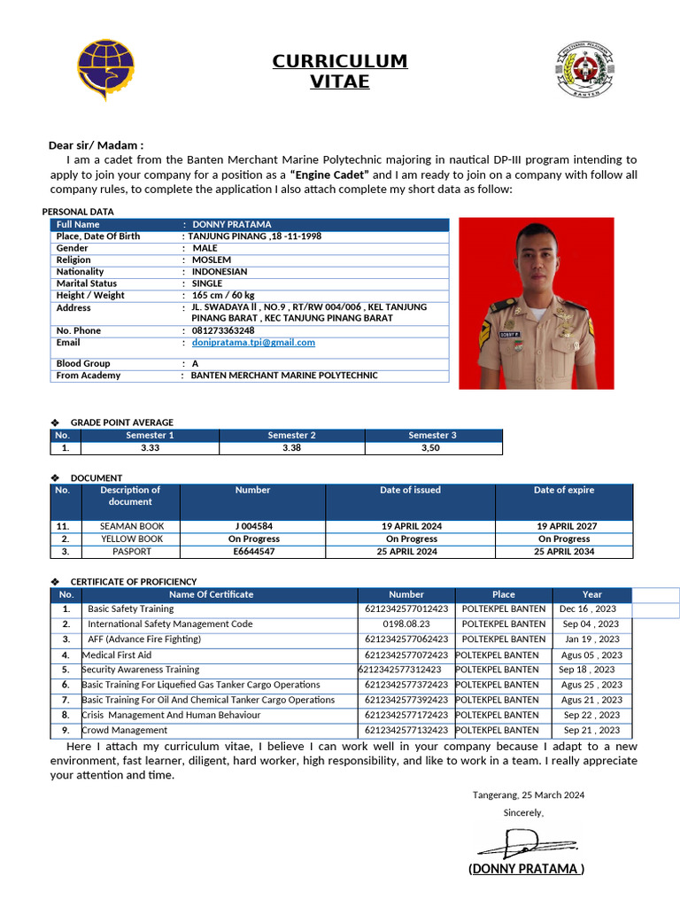 CV - Deck Cadet - Aulia Syifa Adam R | PDF | Shipping