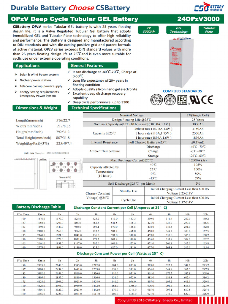 CSBattery 24OPzV3000 Tubular Gel Battery PDF | PDF