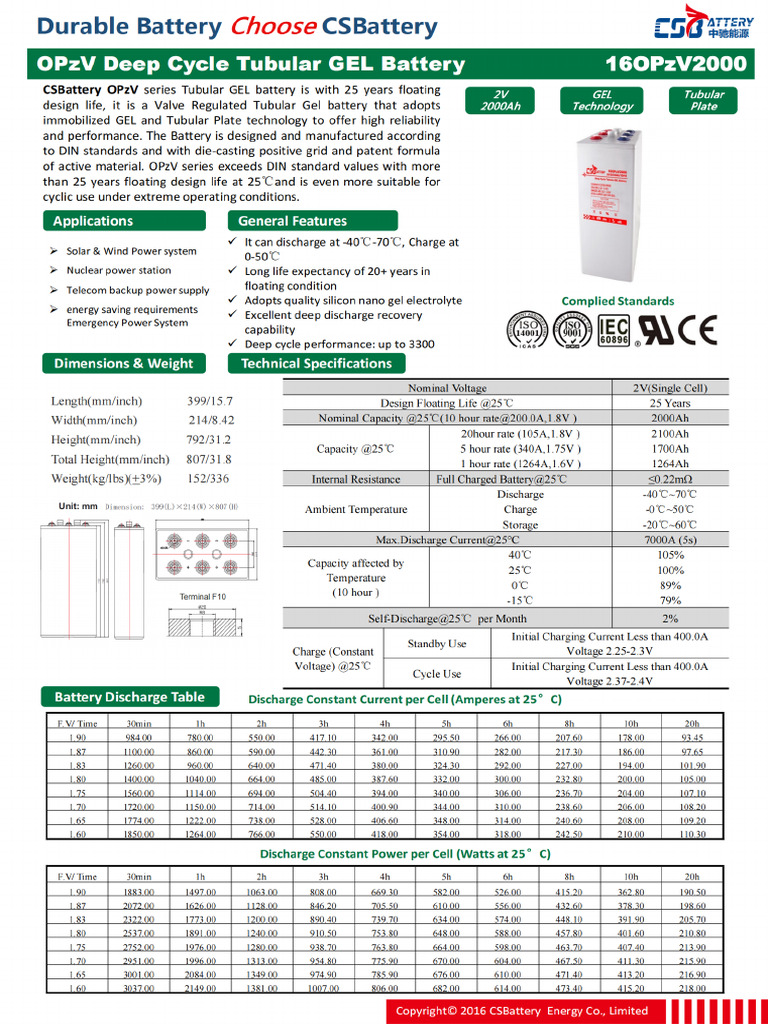 CSBattery 16OPzV2000 Tubular Gel Battery Datasheet | PDF