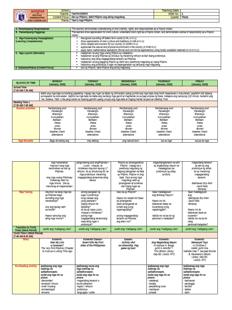 Kinder DLL - Quarter 3. Week 3.matatag Curriculum | PDF