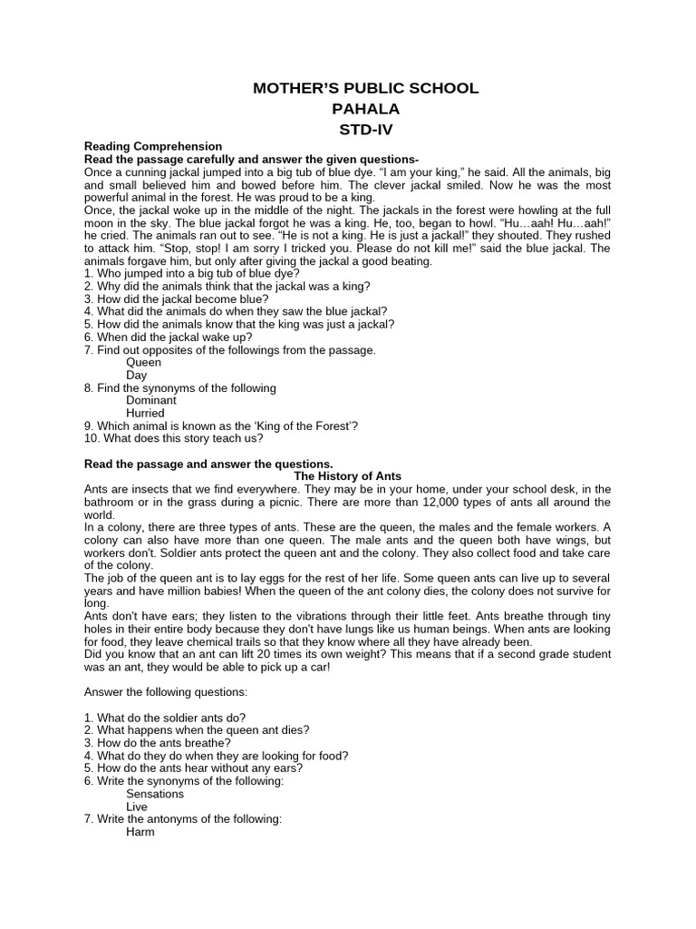 Reading Comprehension Mid Term-Std-IV-2024-25 | PDF | Ant | Entomology