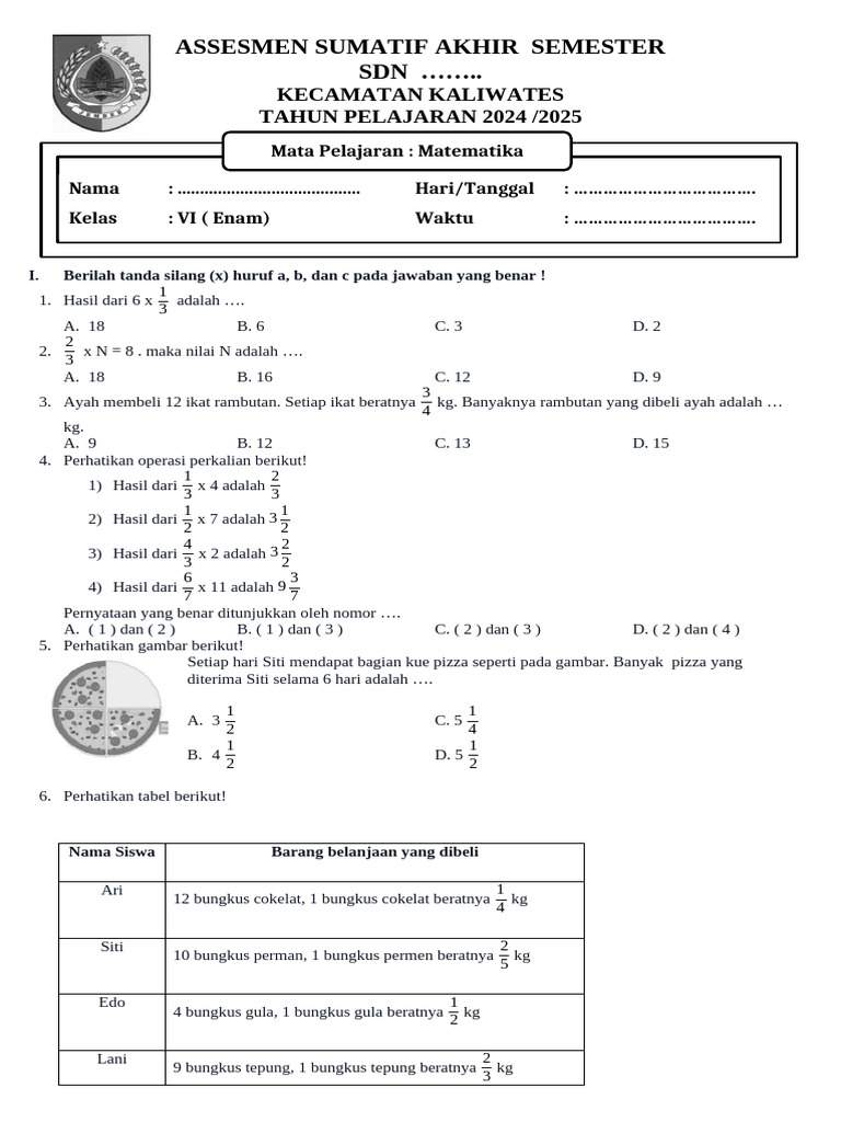 Soal Sas MTK Kelas 6 | PDF