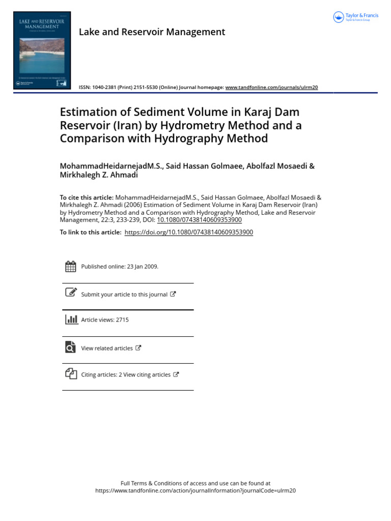 Estimation of Sediment Volume in Karaj Dam Reservoir Iran by Hydrometry ...