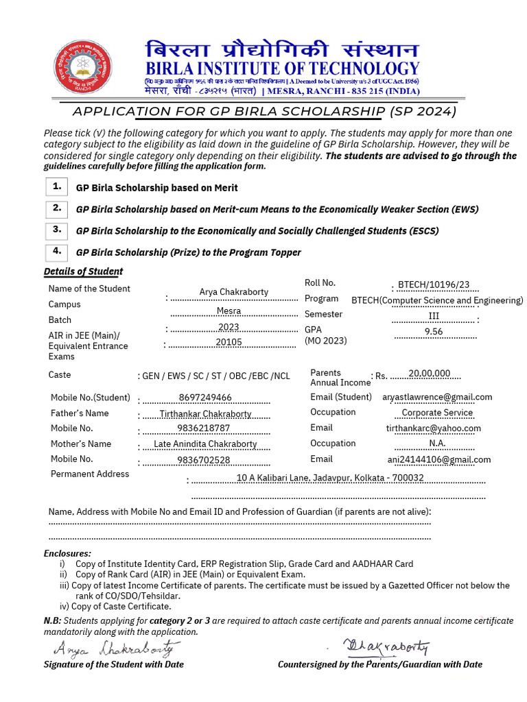 Application Form GP Birla Scholarship | PDF