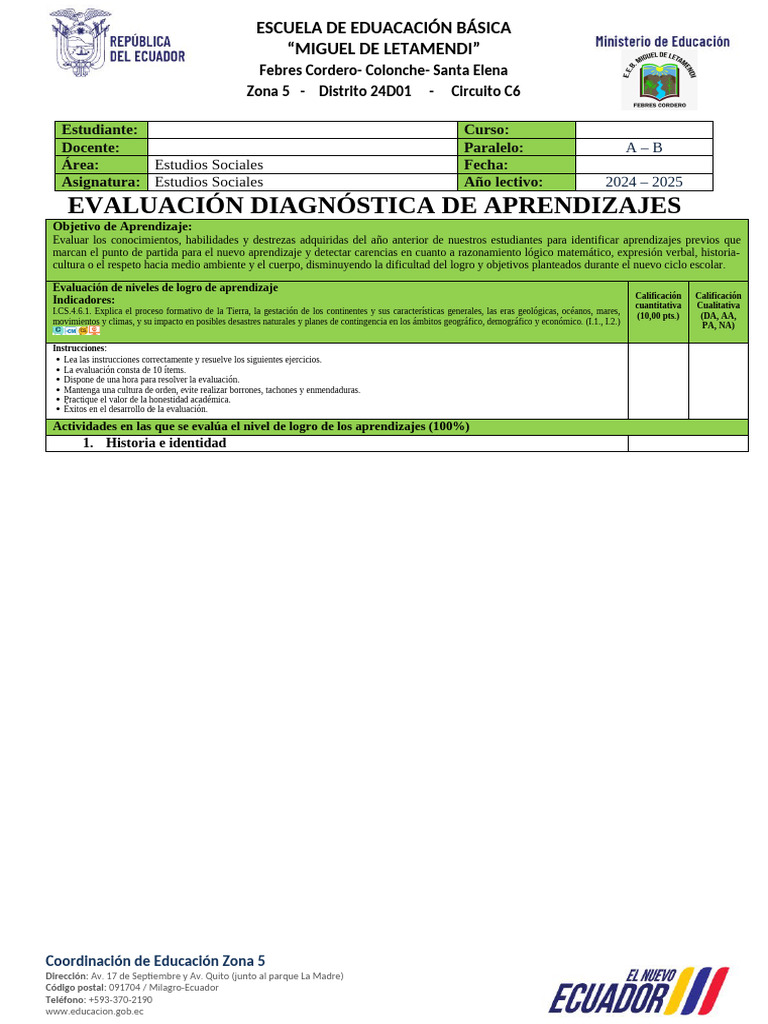 Eval Diagnóstica Sociales Nne 2024-25 | PDF | Evaluación | Aprendizaje