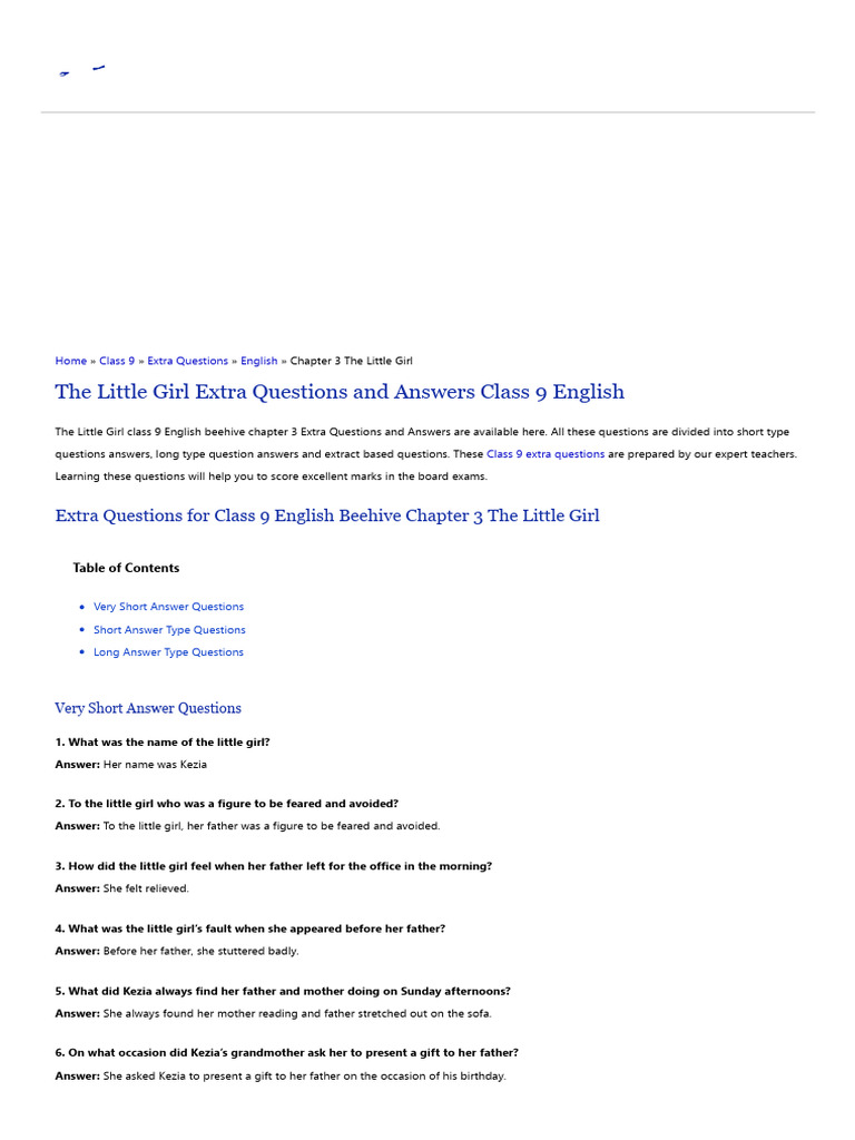 The Little Girl Extra Questions and Answers Class 9 English - Study ...