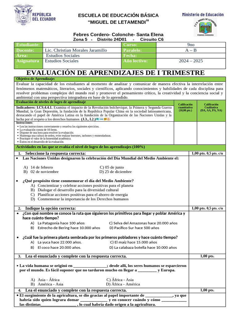 Eval Primer Trimeste Eess 9no | PDF | Evaluación