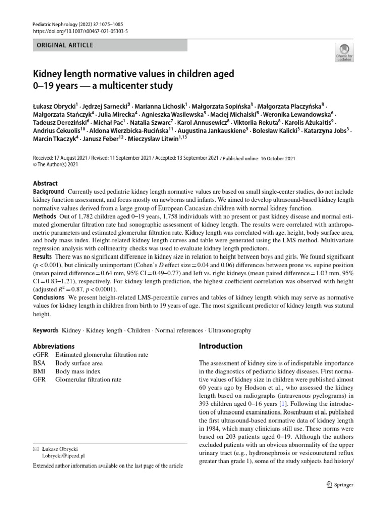 Pediatric Kidney Length Normative Values | PDF | Percentile | Median
