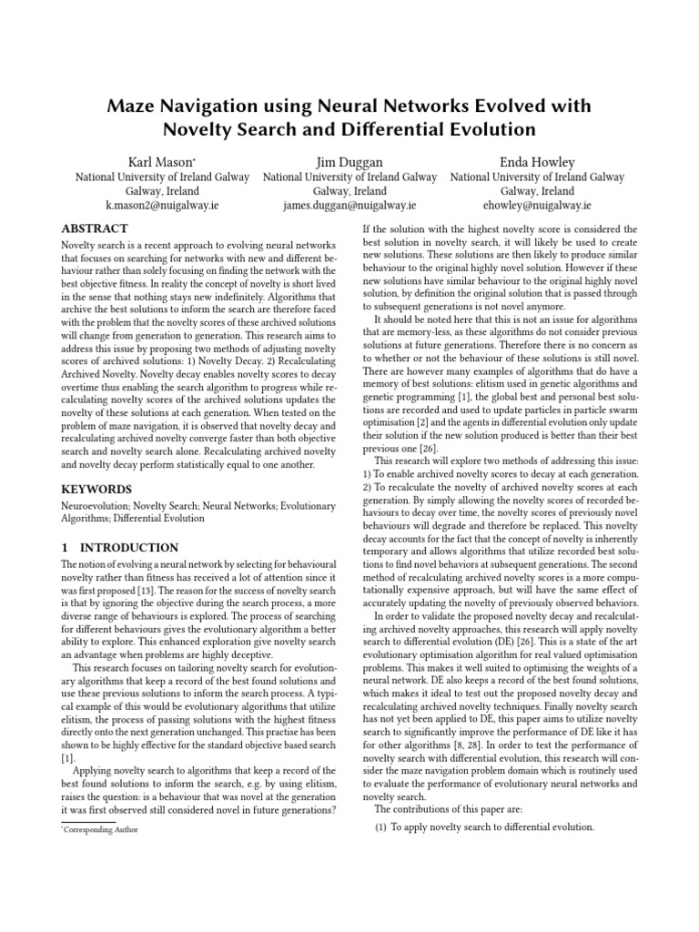 Maze Navigation Using Neural Networks Evolved With Novelty Search and Differential Evolution ...
