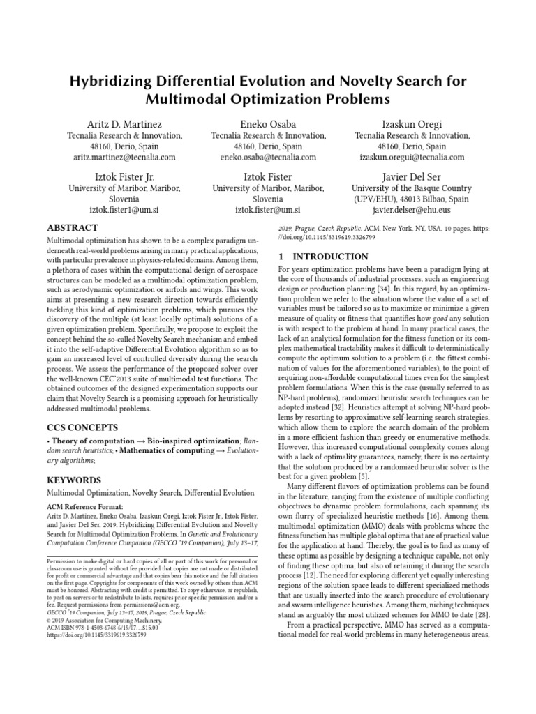 Hybridizing Differential Evolution And Novelty Search For Multimodal Optimization Problems Pdf