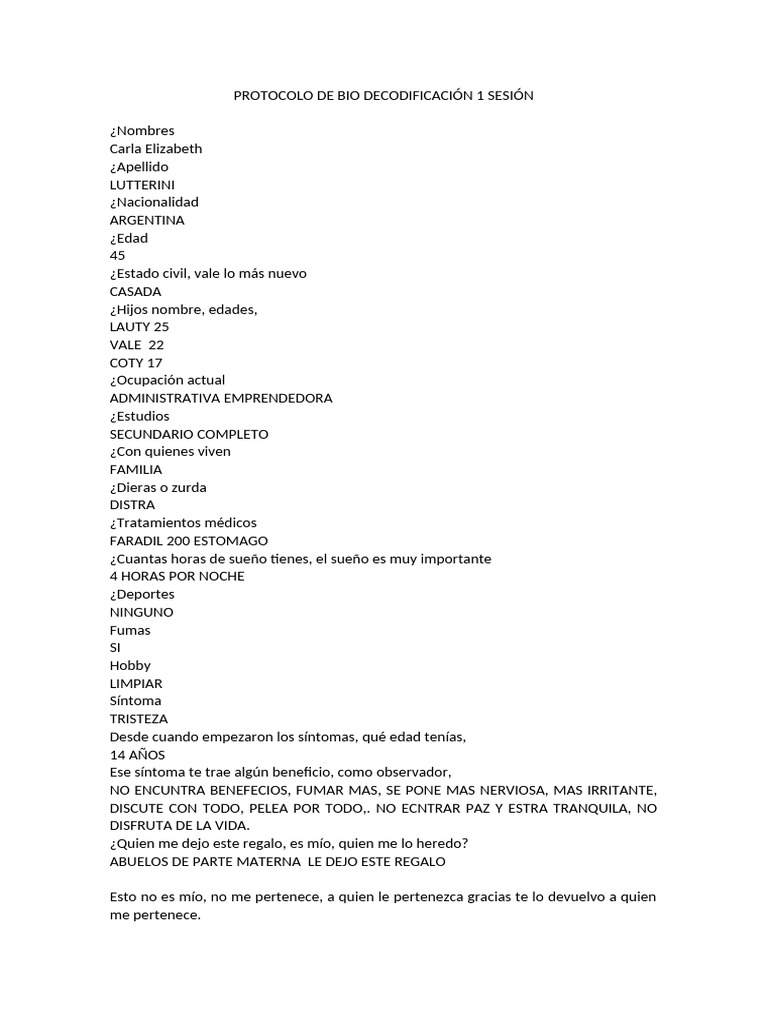 PROTOCOLO DE BIO DECODIFICACIÓN 1 primera SESIÓN | PDF | Las emociones | Sicología