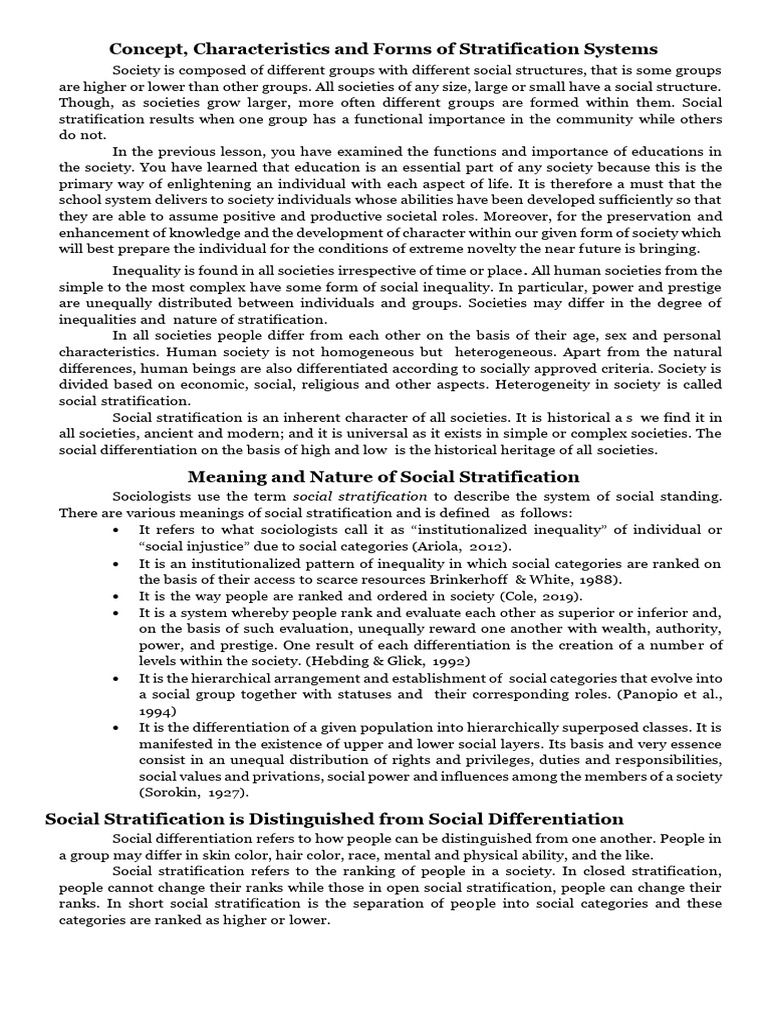 Concept Characteristics and Forms of Stratification Systems Part1 | PDF | Social Stratification ...