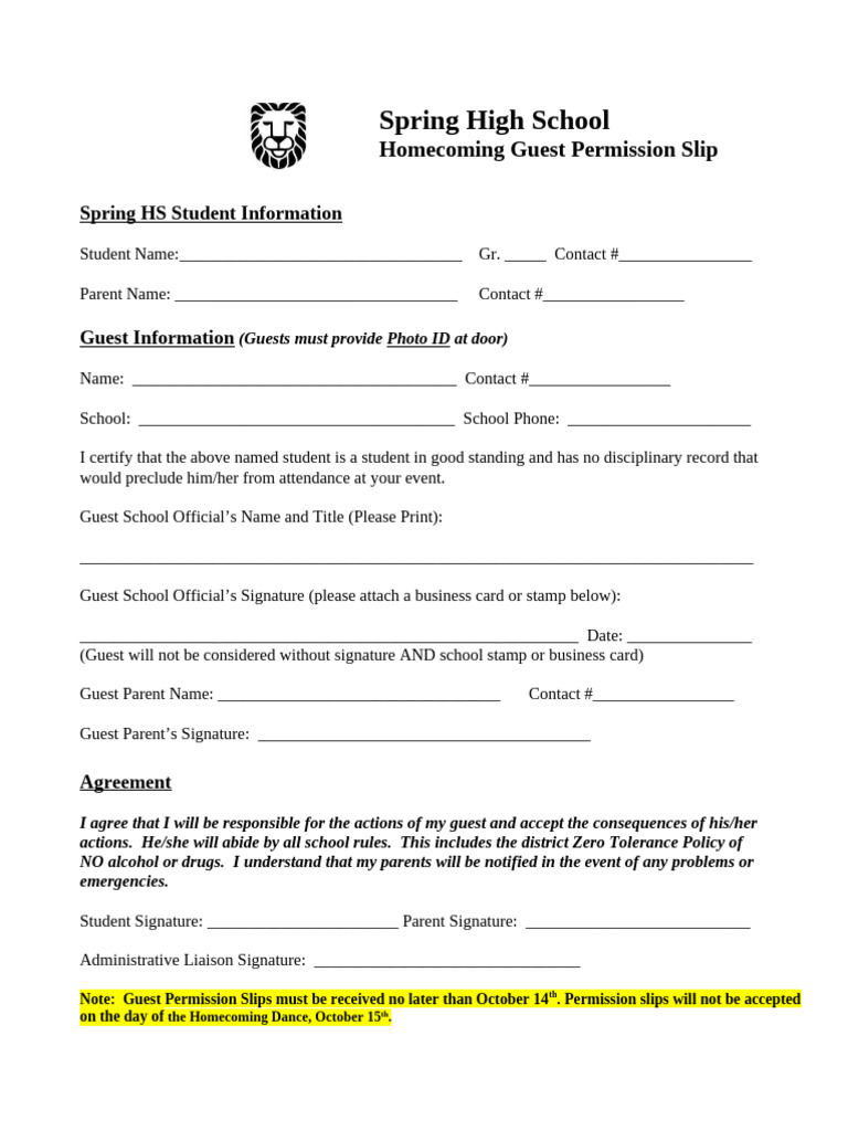 Homecoming Guest Permission Slip | PDF