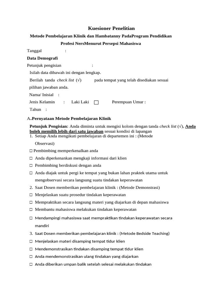 Kuesioner Pembelajaran Klinik Ners | PDF