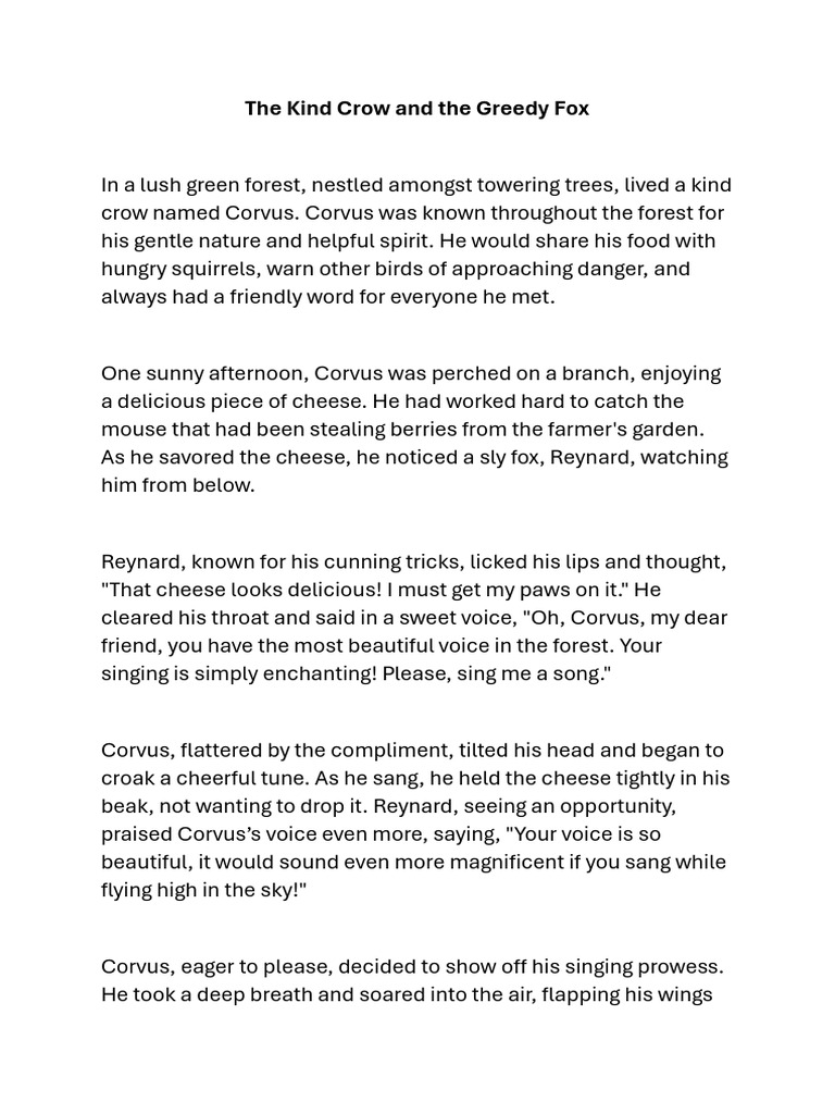The Kind Crow and The Greedy Fox | PDF