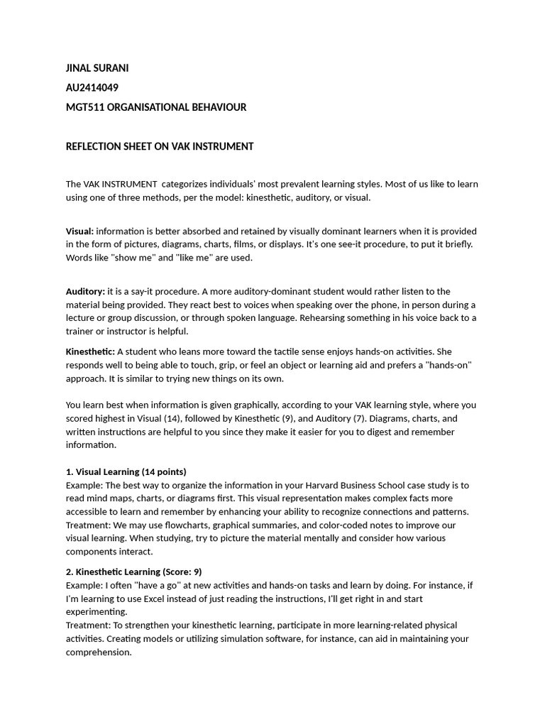 VAK sheet | PDF | Learning Styles | Behavior Modification
