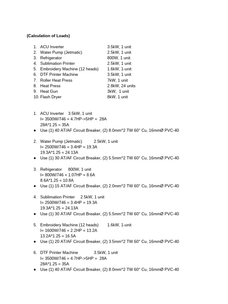 CALCULATION OF LOADS | PDF | Energy Technology | Power (Physics)