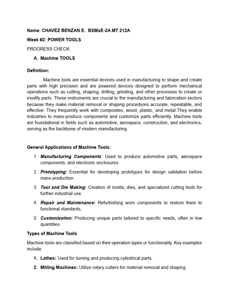 Chavez Benzan Week 1 Power Tools | PDF | Machine Tool | Drill