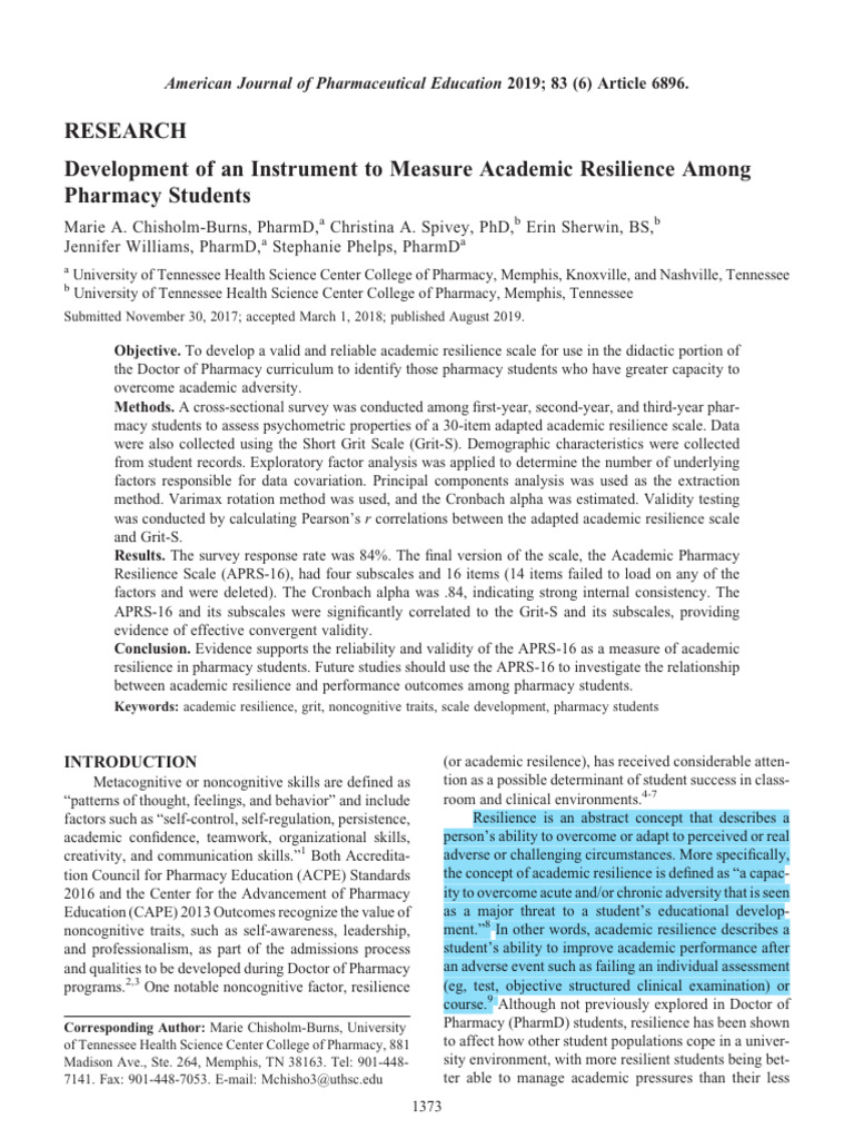 Academic Resilience Scale for Pharmacy Students | PDF | Psychological ...