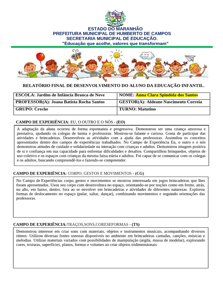 Relatório de Desenvolvimento Infantil | PDF | Pré-escola | Som