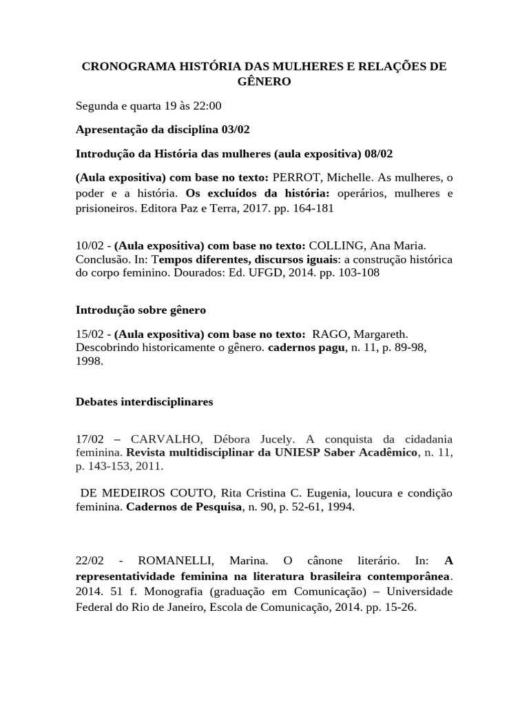 Cronograma História Das Mulheres e Relações de Gênero | PDF