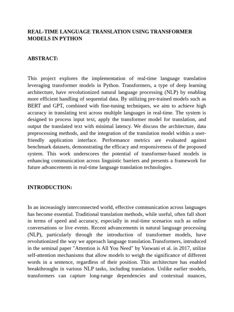 Real-Time Language Translation Using Transformer Models in Python | PDF | Cognitive Science ...