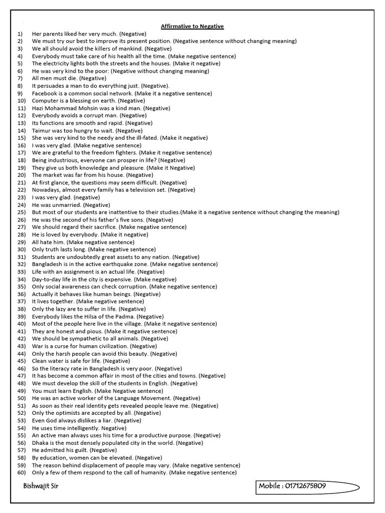 Affirmative To Negative Exercise | PDF