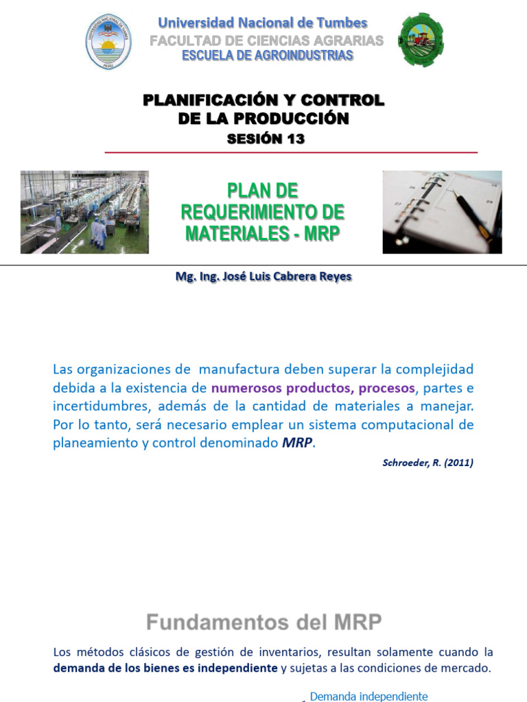 Sesión 13 - Plan de Requerimiento de Materiales MRP | PDF | Planificación | Economias