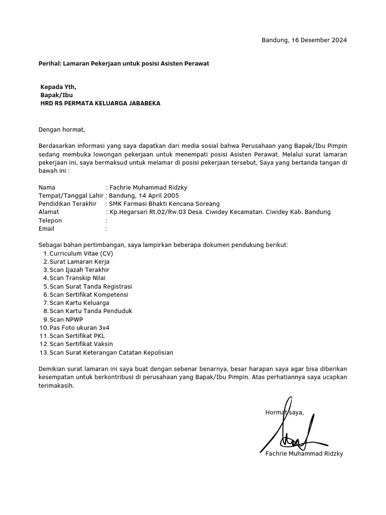 Surat Lamaran Kerja - Fachrie Muhammad Ridzky PDF | PDF