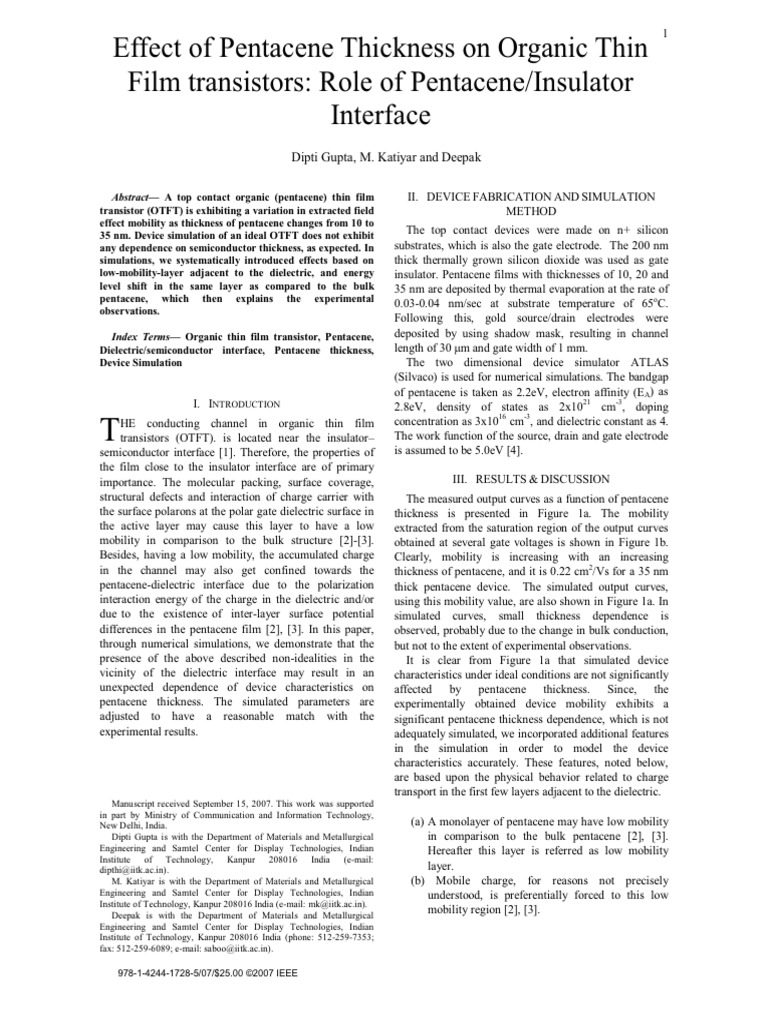 Effect of Pentacene Thickness On Organic Thin Film Transistors Role of ...
