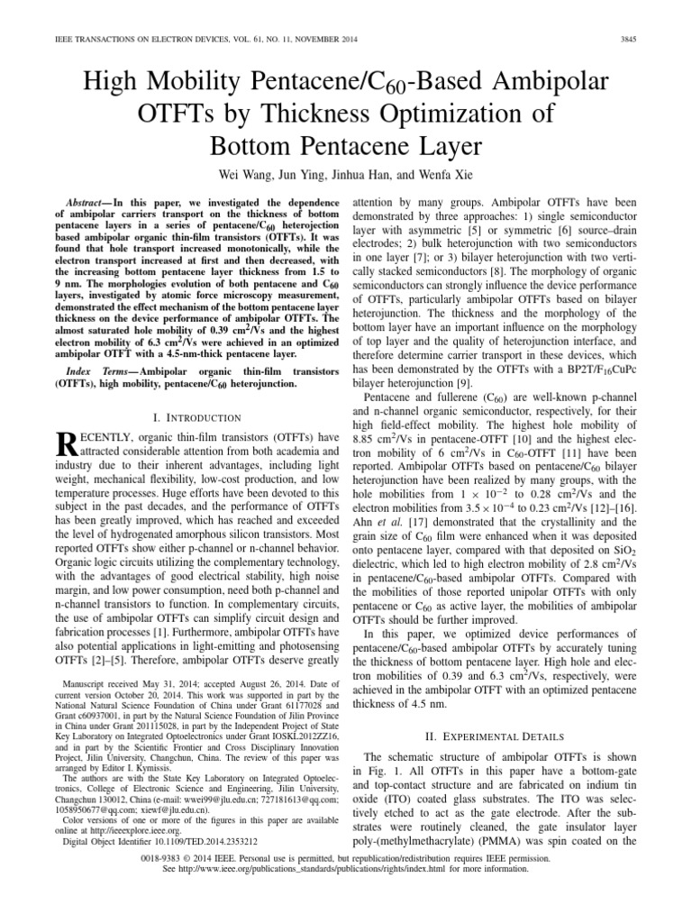 High Mobility Pentacene C60-Based Ambipolar OTFTs by Thickness ...