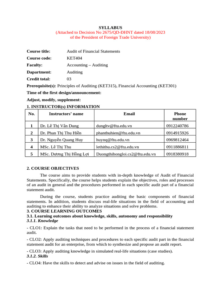 Syllabus - KET404 Final | PDF | Auditor's Report | Audit
