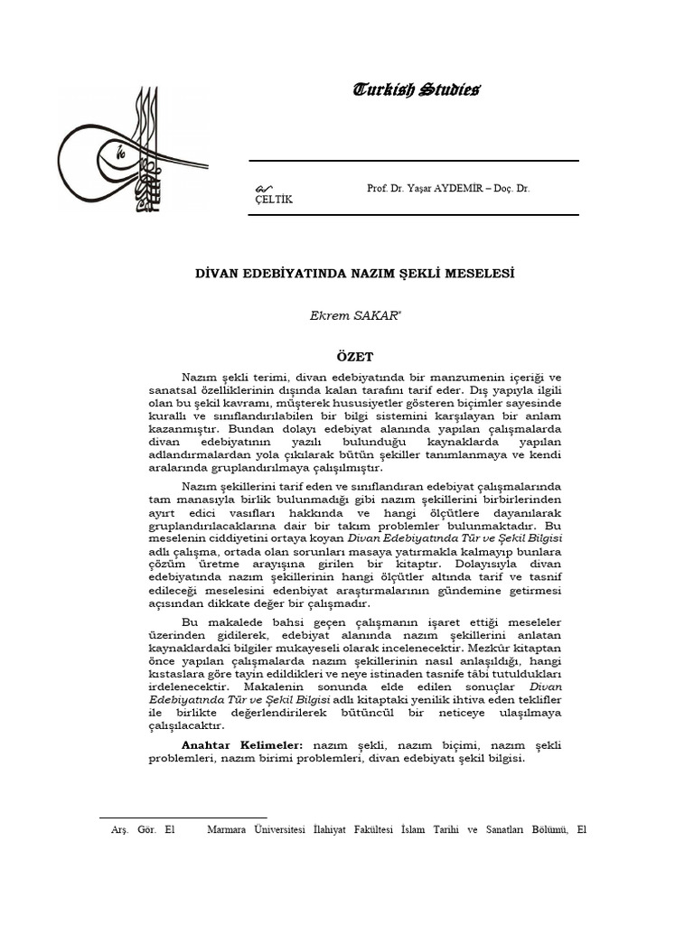 Divan Edebiyatinda Nazim Sekli Meselesi | PDF | Poetry | Metre (Poetry)