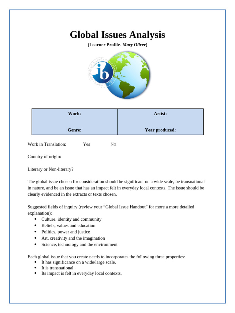 Global Issues Analysis Learning Portfolio Mary Oliver | PDF