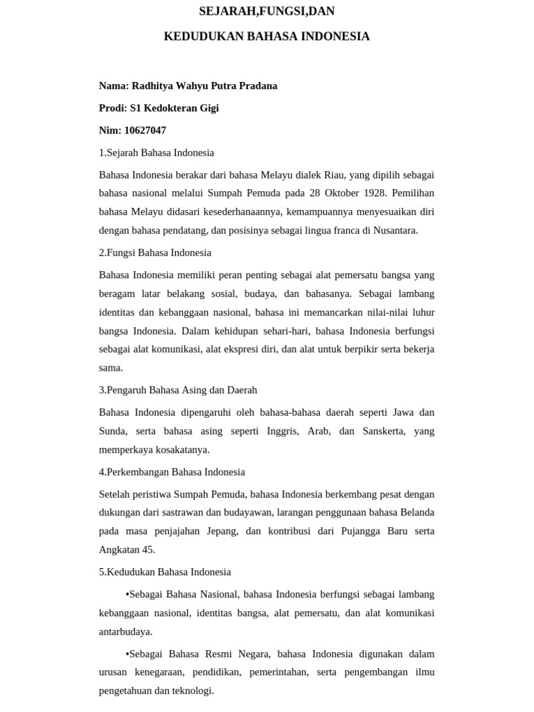 Radhitya Wahyu Putra Pradana - Resume Sejarah Bahasa Indonesia | PDF